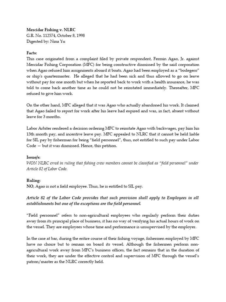 Case 16 - Mercidar Fishing V NLRC | PDF