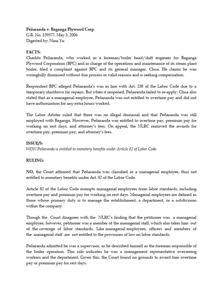Peñaranda v. Baganga: Labor Code Ruling | PDF