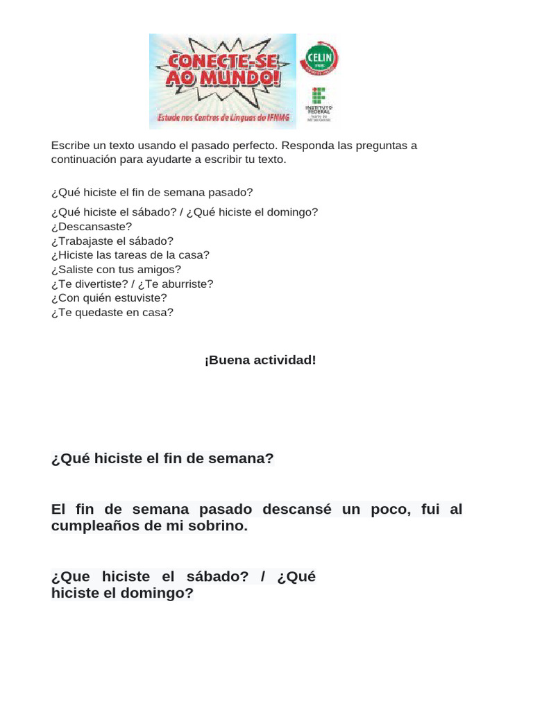 Actividad Evaluativa - Preterito Perfecto | PDF