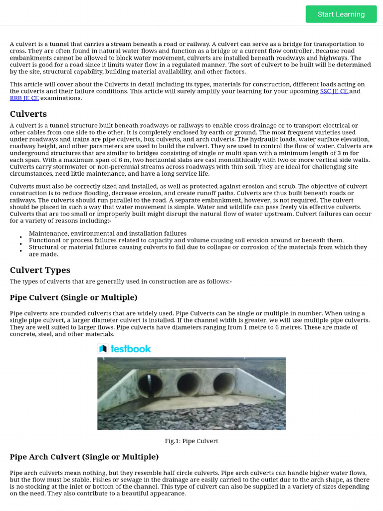 Culverts - Types, Materials, Loading Conditions and Failure Modes. | PDF