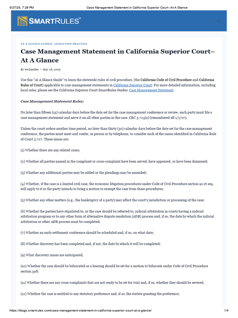 Case Management Statement in California Superior Court - at A Glance ...