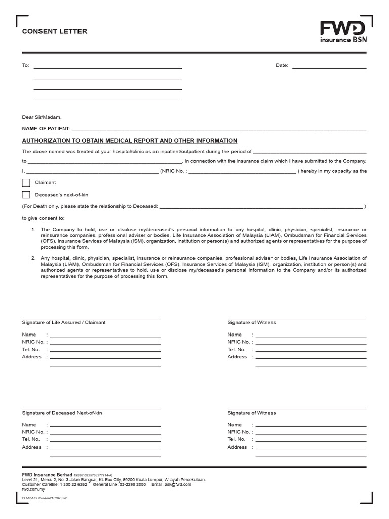 Consent Letter - Authorisation To Obtain en BM | PDF | Patient | Hospital