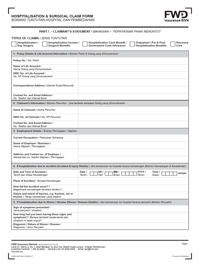 Hospitalisation & Surgical Claim Form - Part I | PDF