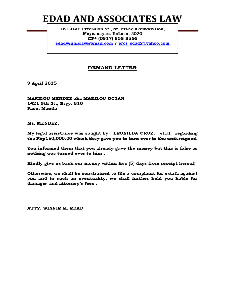 Demand Letter Malou Ocsan | PDF