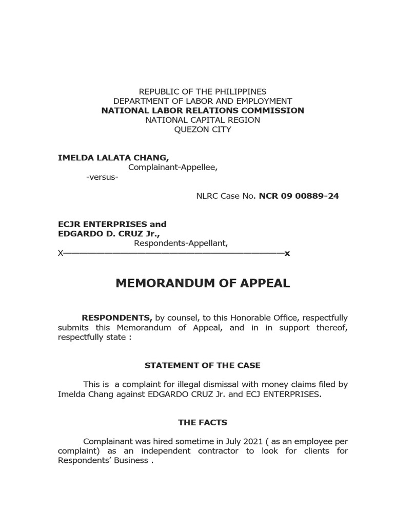 Edgardo Cruz Memorandum of Appeal NLRC | PDF | Employment | Salary