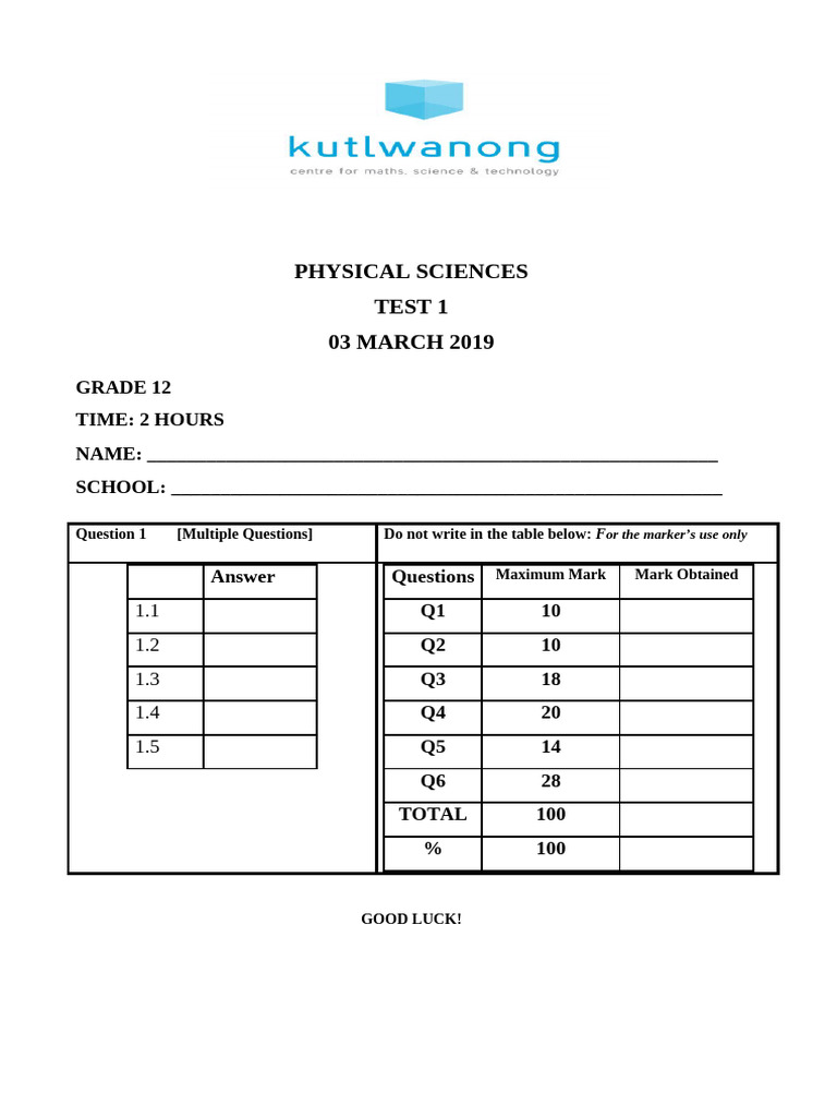 Kutlwanong Physical Sciences Grade 12 Test 1 2019 | PDF | Force | Momentum
