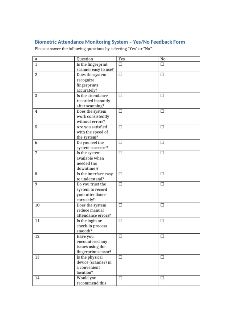 Biometric Yes No Feedback Form | PDF | Fingerprint | Biometrics