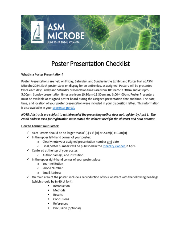 ASM Microbe 2024 Poster Presenter Checklist | PDF | Typefaces | Poster
