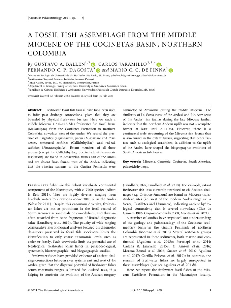 A Fossil Fish Assemblage From The Middle Miocene of The Cocinetas Basin, Northern Colombia | PDF ...