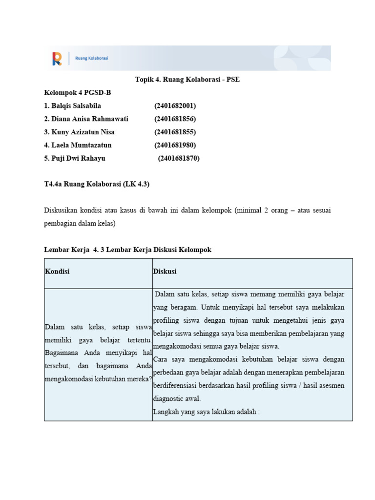 T4.4a Ruang Kolaborasi (LK 4.3) - PSE Topik 4 - Kelompok 4 | PDF