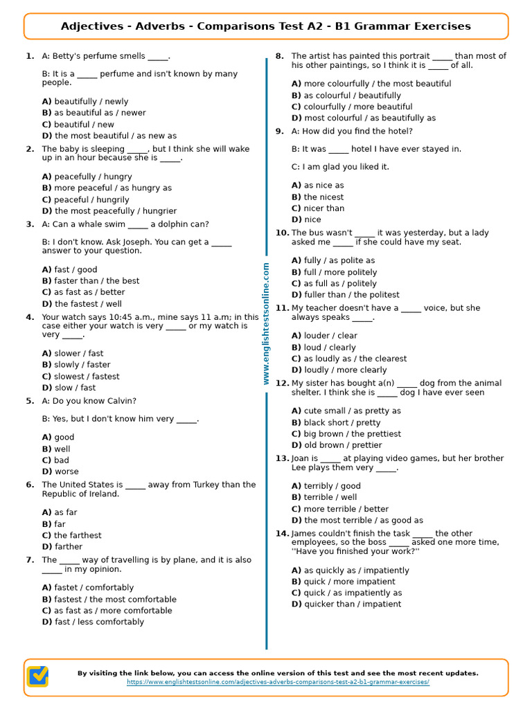Adjectives and Adverbs Comparison Test | PDF | Adverb