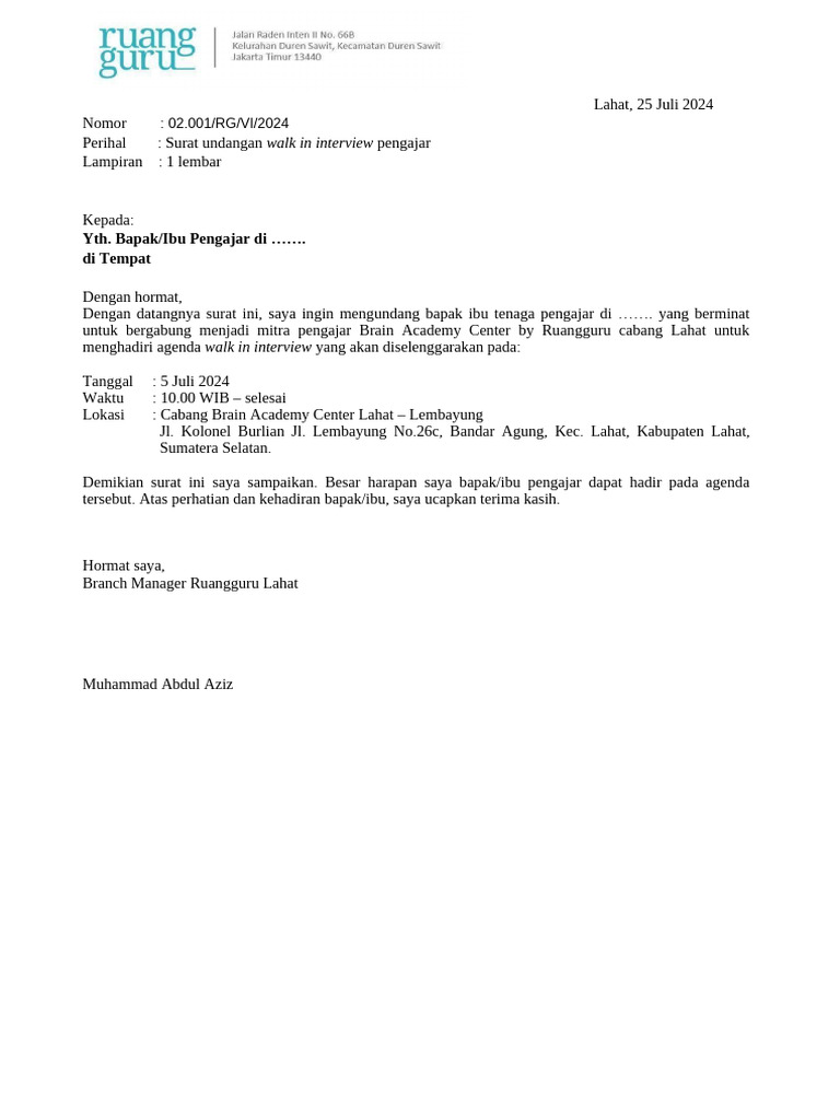 Surat Undangan Walk in Interview - BAC Lahat | PDF