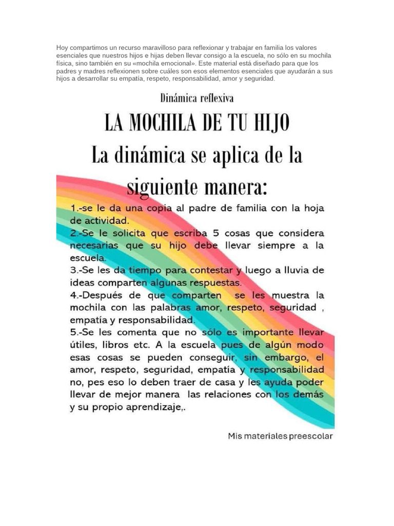 Dinámica La Mochila de Tu Hijo | PDF