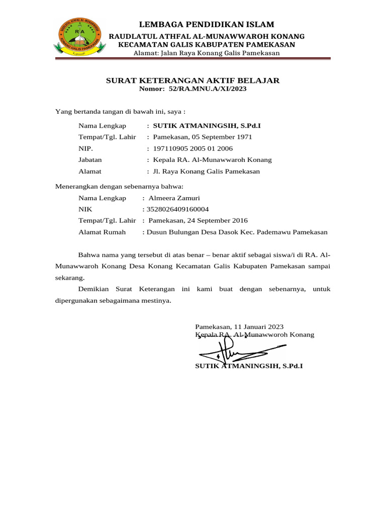 Surat Keterangan Aktif Belajar RA Al-Munawwaroh | PDF