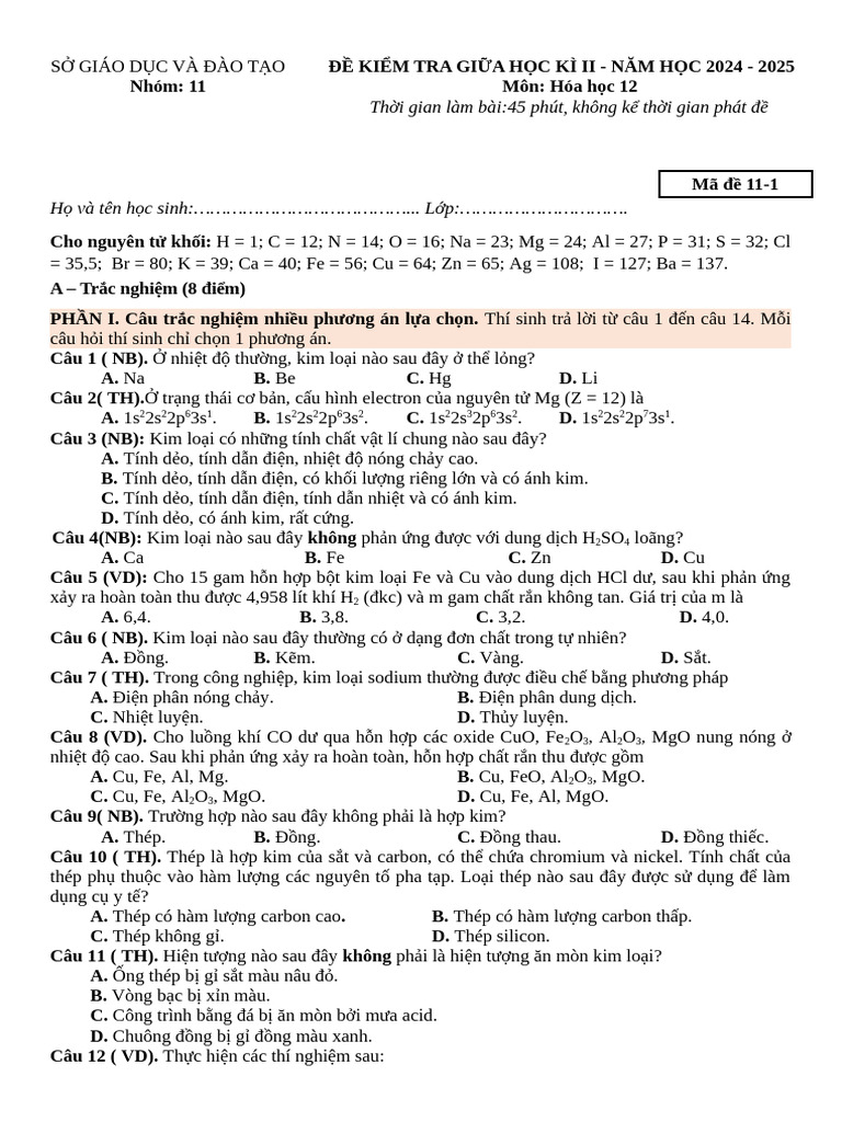 Đề Mh 1- Giữa Học Kì II- k12 | PDF