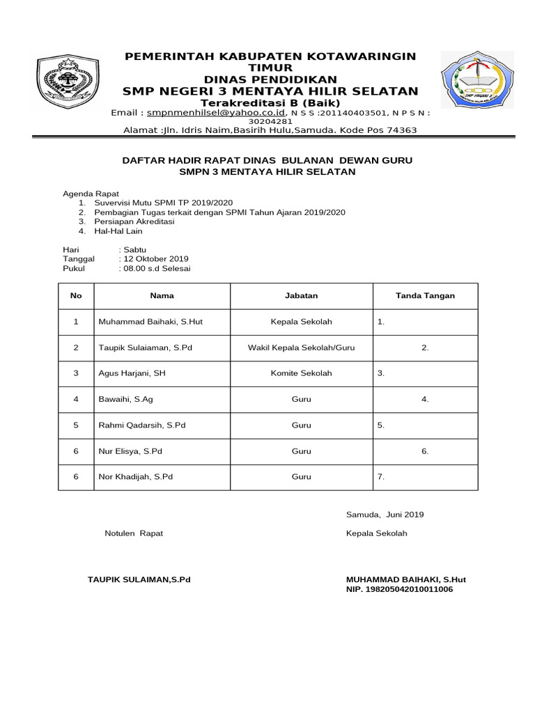 Absen Rapat Dinas Bulanan Dewan Guru SMPN 3 MHS 1 | PDF