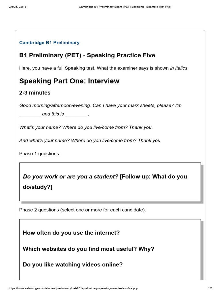 Cambridge B1 Preliminary Exam (PET) Speaking - Example Test Five | PDF