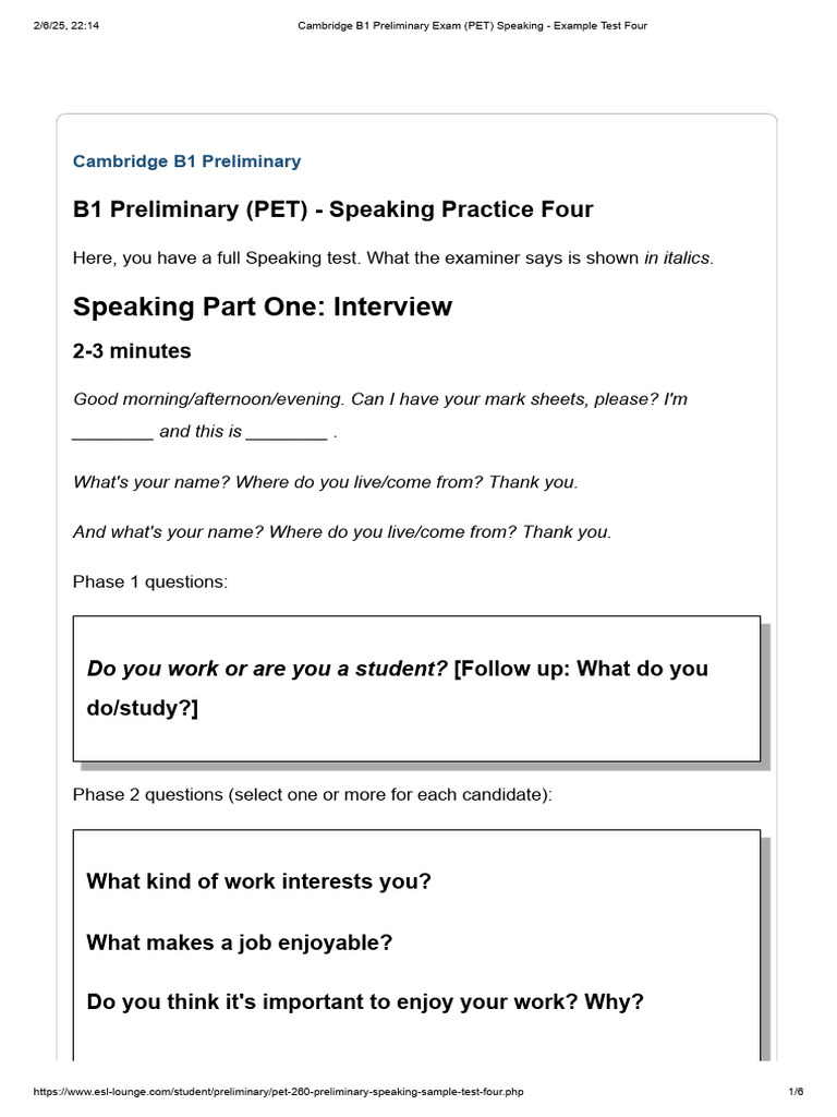 B1 Preliminary Speaking Test Example | PDF