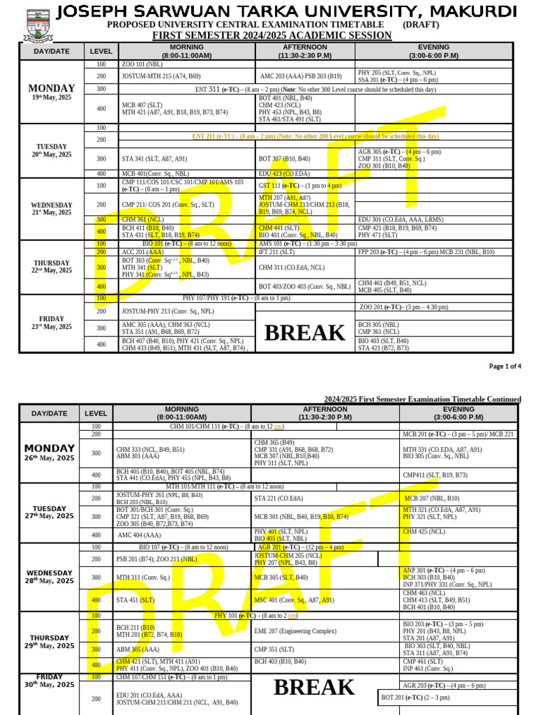 Exam Time Table 1st Sem. 2024-2025 (Draft) | PDF | Academic Administration