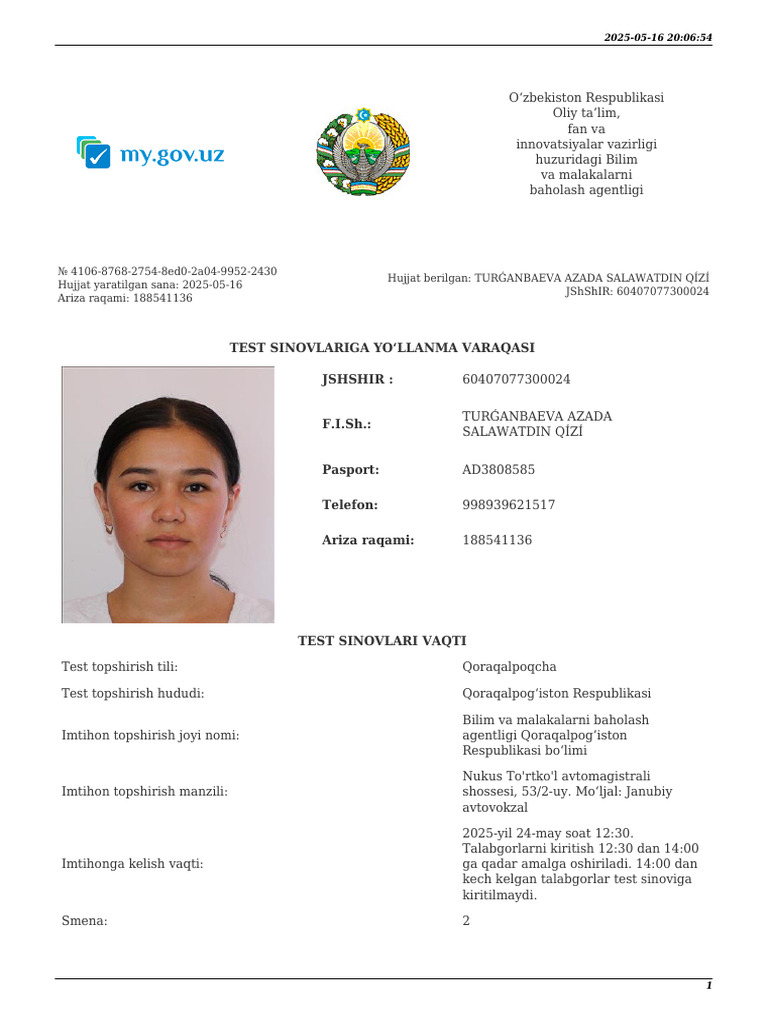 Test Sinovlariga Yo Llanma Varaqasi Jshshir: F.I.Sh.: Pasport: Telefon ...