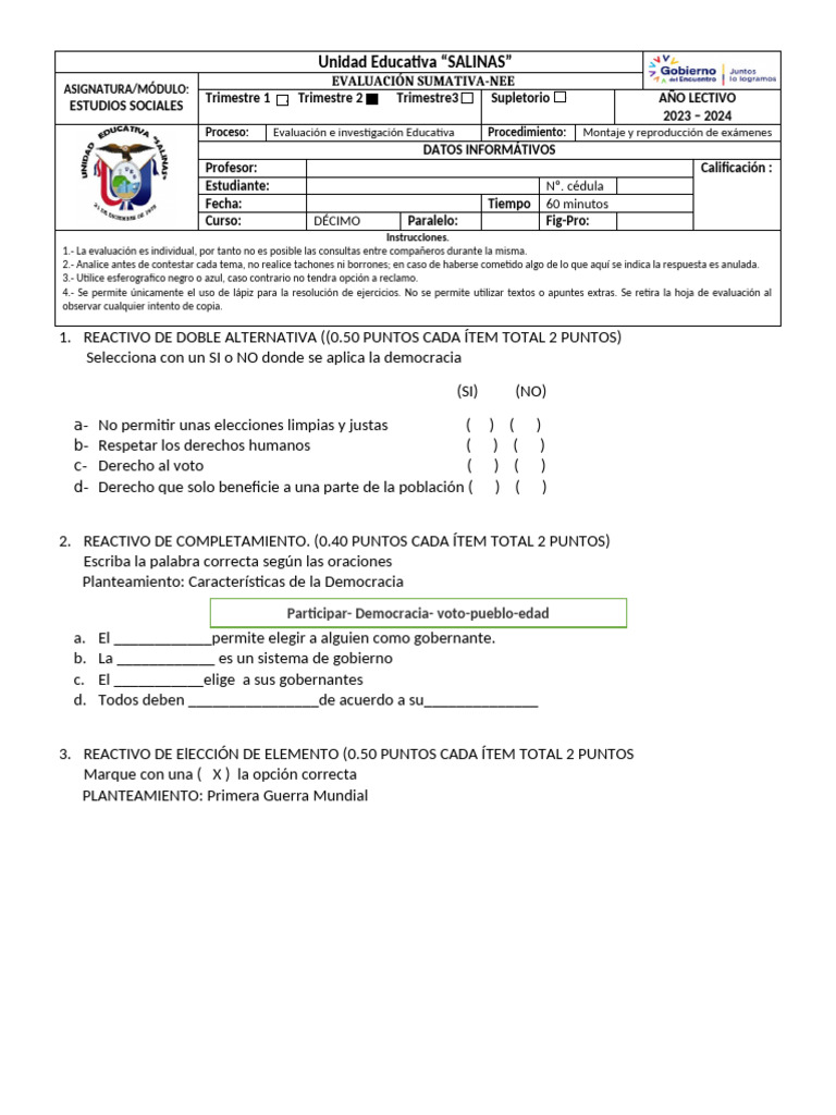 EXAMEN_10M0_EESS_SEGUNDO TRIMESTRE_NEE 1 | PDF | Primera Guerra Mundial
