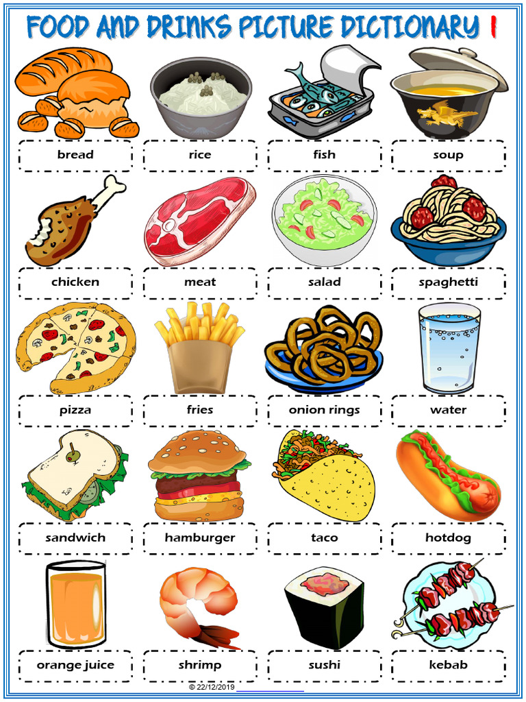 Food and Drinks Vocabulary Esl Picture Dictionary Worksheets For Kids ...