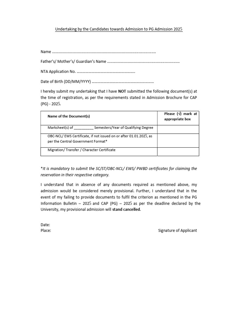 BHU Undertaking Format PG 2025 | PDF