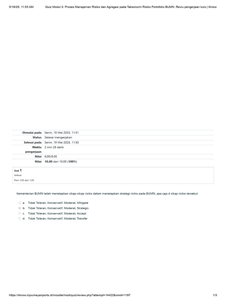 Quiz Modul 3 Proses Manajemen Risiko Dan Agregasi Pada Taksonomi Risiko Portofolio BUMN | PDF