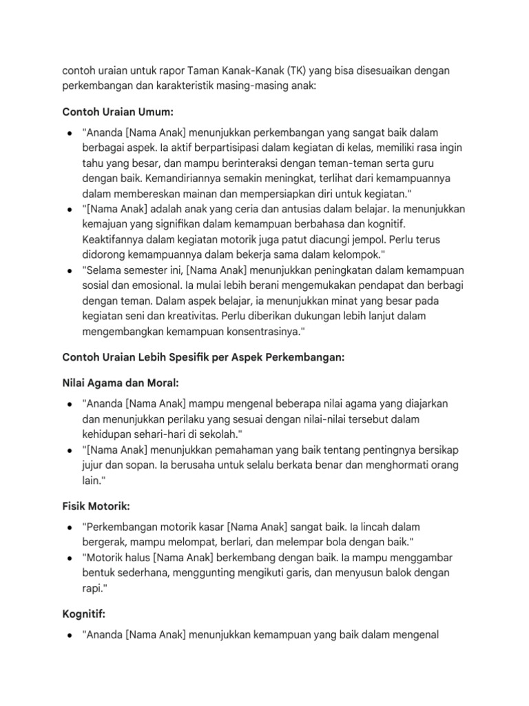 Contoh Uraian Rapot TK | PDF