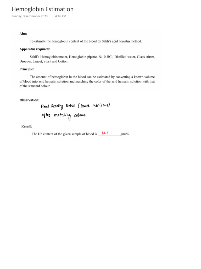 Hemoglobin Estimation | PDF