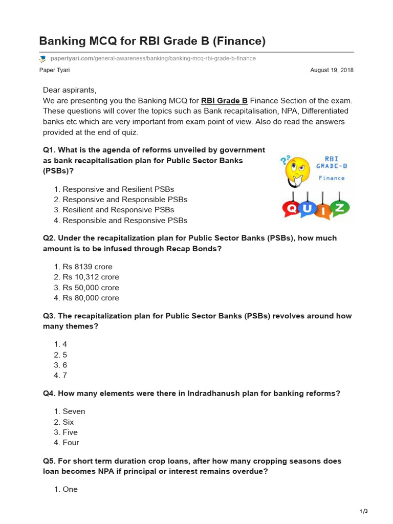 Banking MCQ For RBI Grade B Finance | PDF | Personal Finance