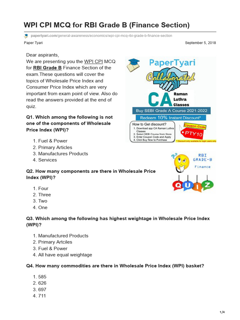 WPI CPI MCQ For RBI Grade B Finance Section | PDF | Wholesale Price ...