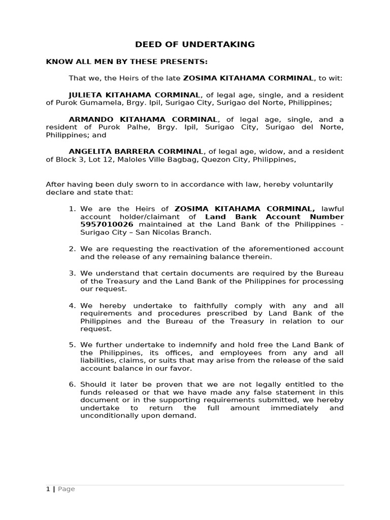 Heirs' Deed of Undertaking for Bank Account | PDF | Government ...