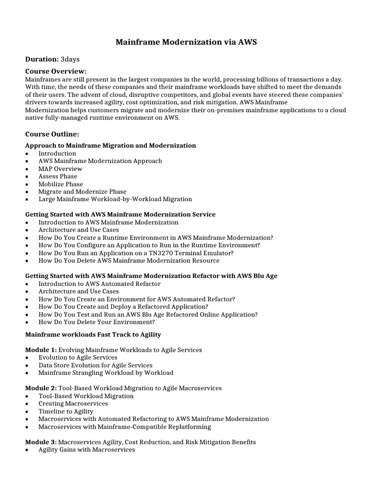 Mainframe Modernization AWS Course Outline1 | PDF | Mainframe Computer | Amazon Web Services