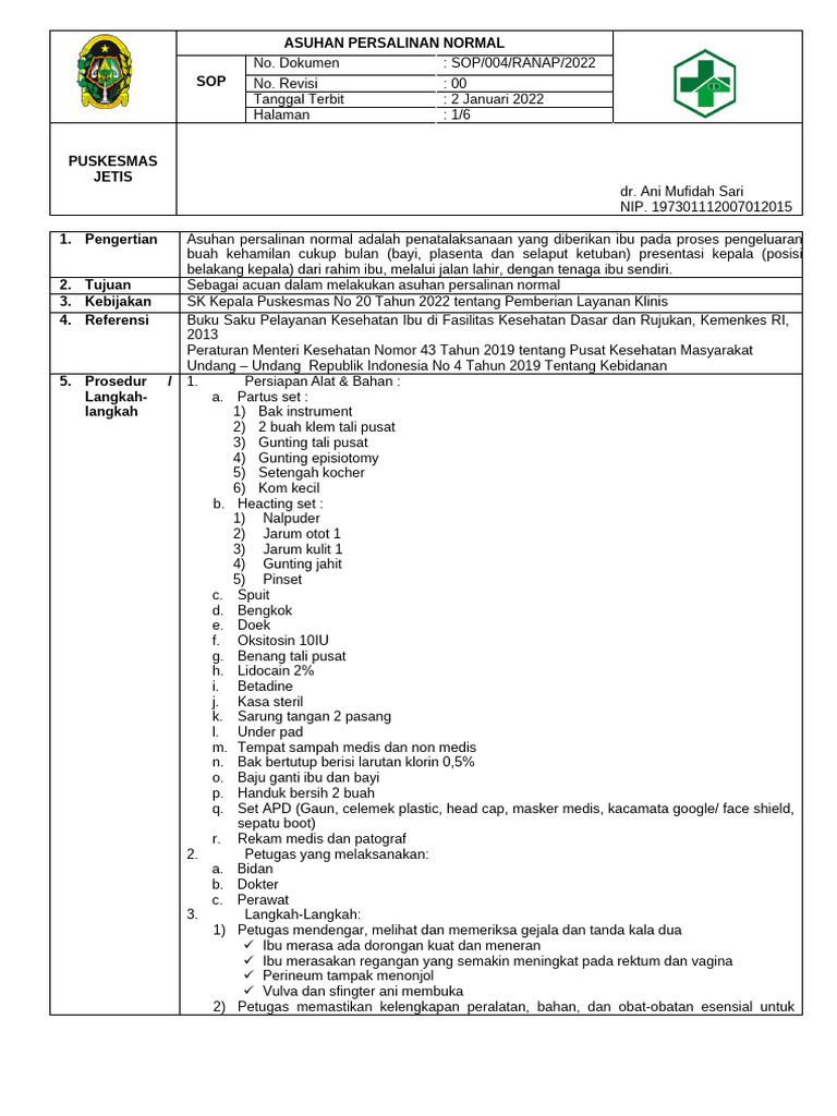Sop004ranap2022 Sop Asuhan Persalinan Normal | PDF
