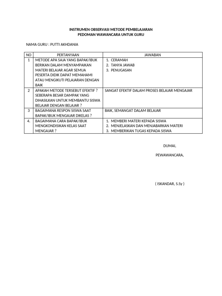Instrumen Observasi Metode Pembelajaran | PDF