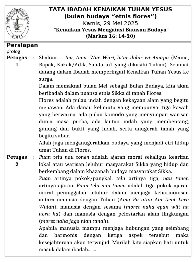 Tata Ibadah Kenaikan Tuhan Yesus (Bulan Budaya - Etnis Flores) - 29 Mei ...