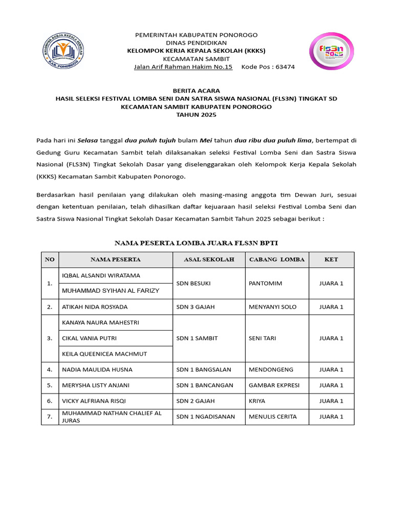 Berita Acara Hasil Seleksi Fls3n Kec. Sambit 2025 | PDF