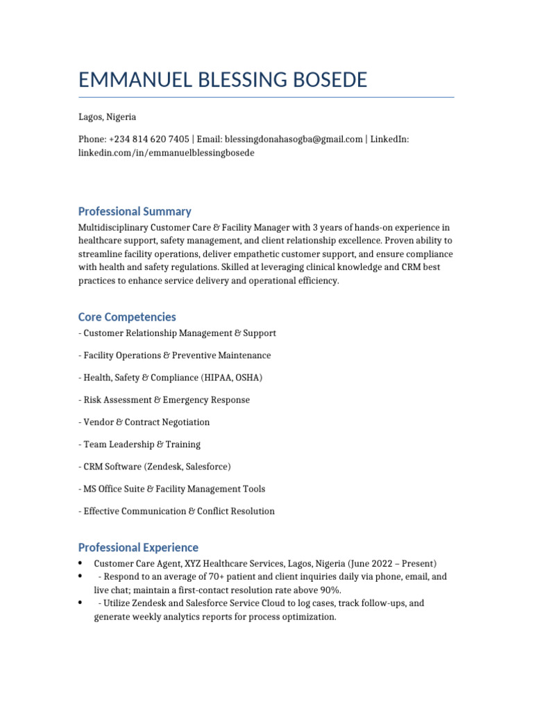 Emmanuel Blessing Bosede CV | PDF | Customer Relationship Management | Health Care