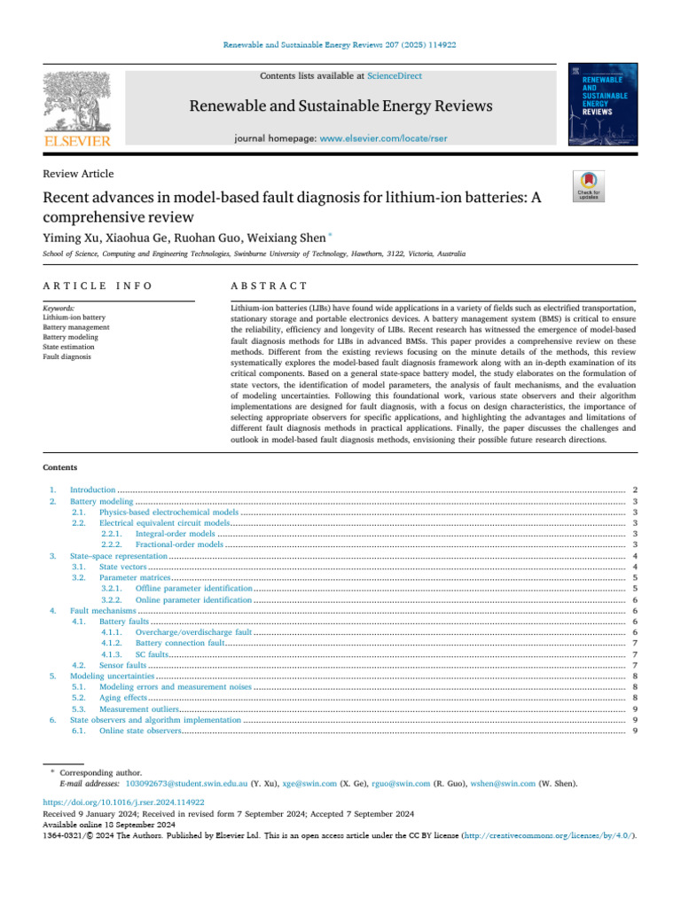 2025 Recent Advances In Model Based Fault Diagnosis For Lithium Ion Batteries A Pdf