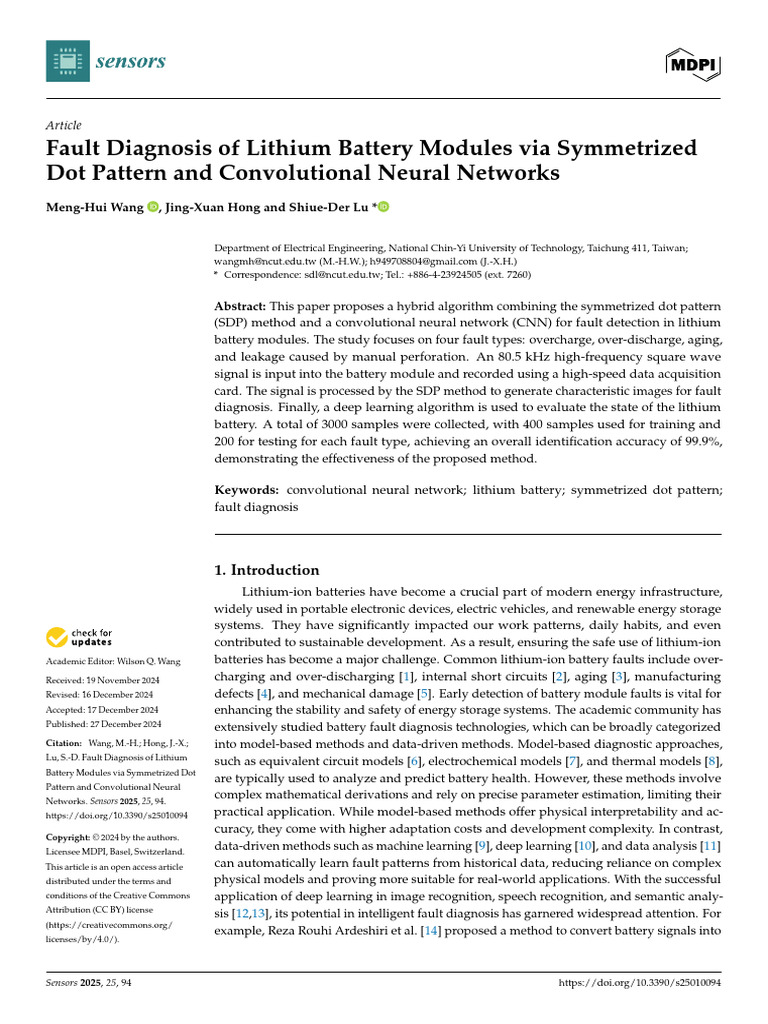 2025 Fault Diagnosis of Lithium Battery Modules Via Symmetrized Dot Pattern and Convolutional ...