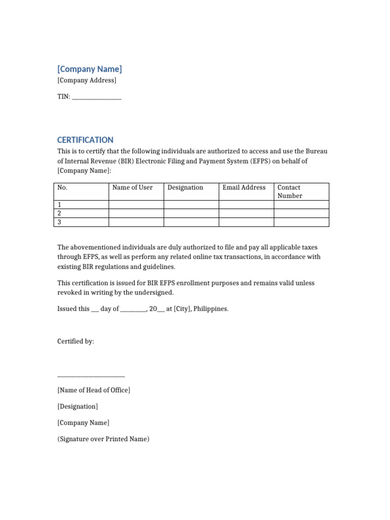 BIR EFPS Company Certification | PDF