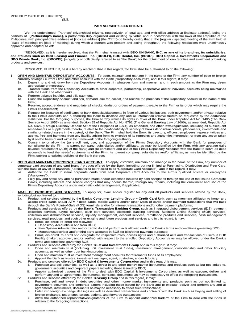Partnership Certificate for Banking Authority | PDF | Securities ...