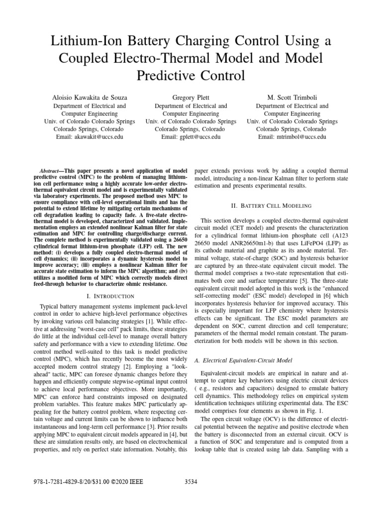 2020 Lithium-Ion Battery Charging Control Using A Coupled Electro-Thermal Model and Model ...