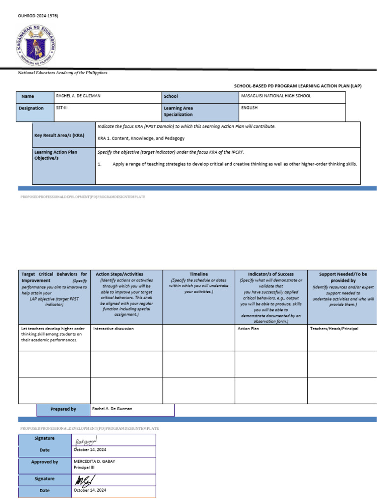 Learning Action Plan (INSET) | PDF | Learning | Curriculum