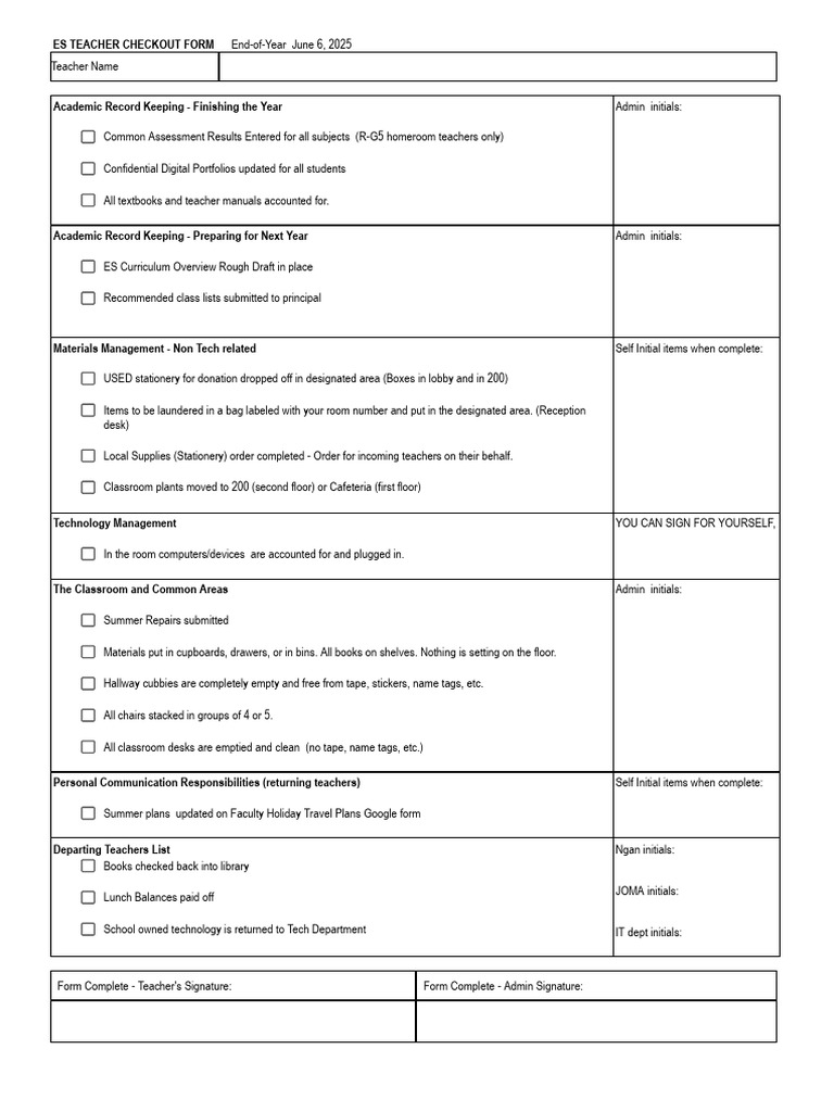 ES Teacher - End of Year Checkout Form | PDF