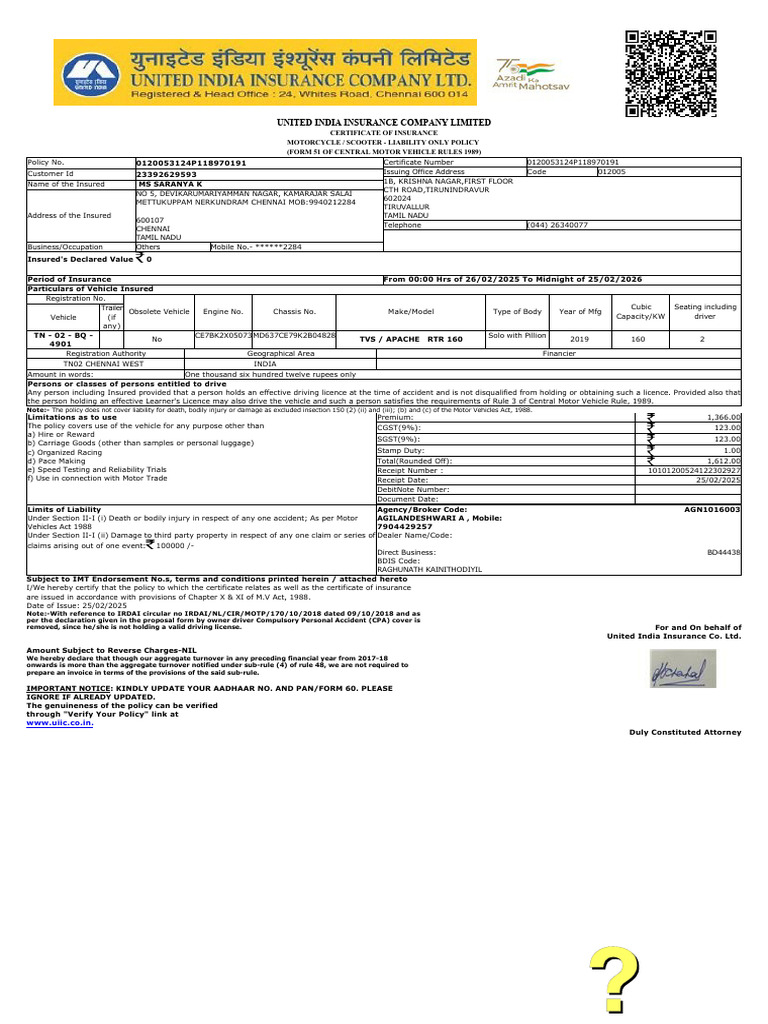 Saranya K TP Renewal Barani Motor | PDF | Liability Insurance | Indemnity