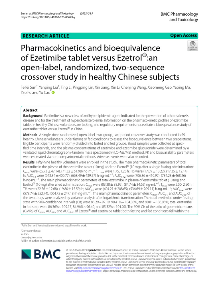 Pharmacokinetics and Bioequivalence of Ezetimibe Tablet Versus Ezetrol ...