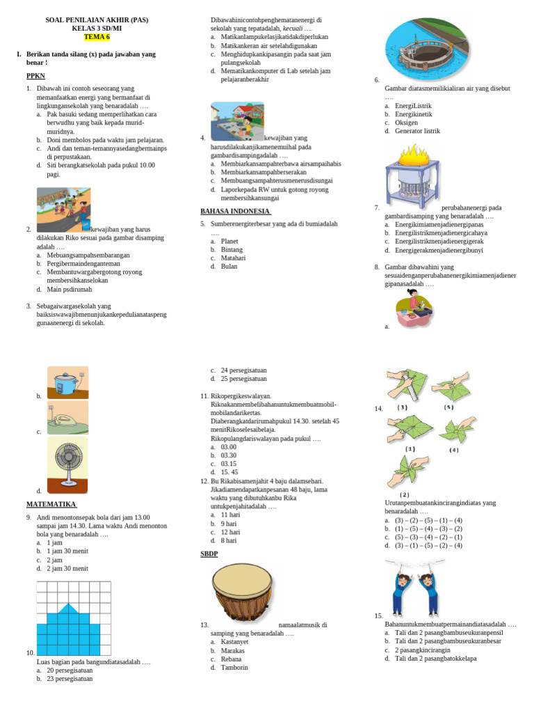 Soal UAS-PAS Kelas 3 Tema 6 - Kamimadrasah | PDF
