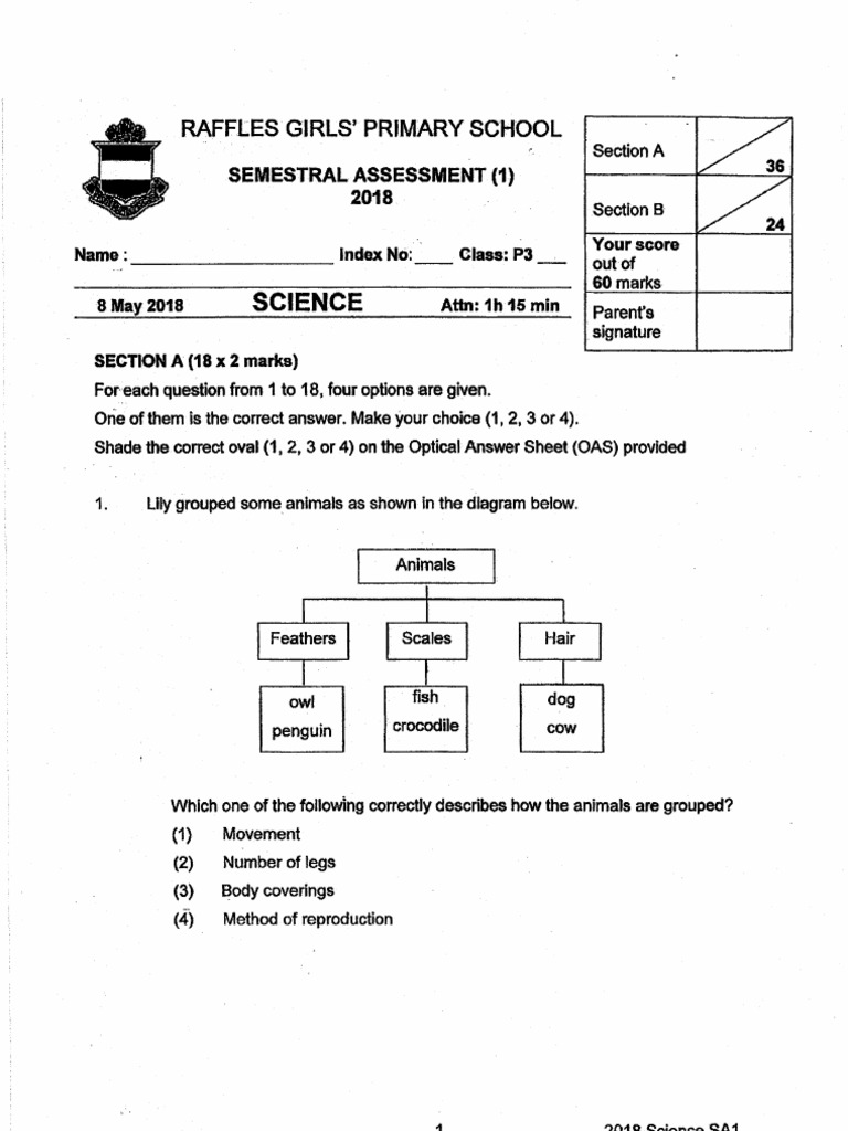 P3 Science SA1 2018 Raffles Exam Papers | PDF